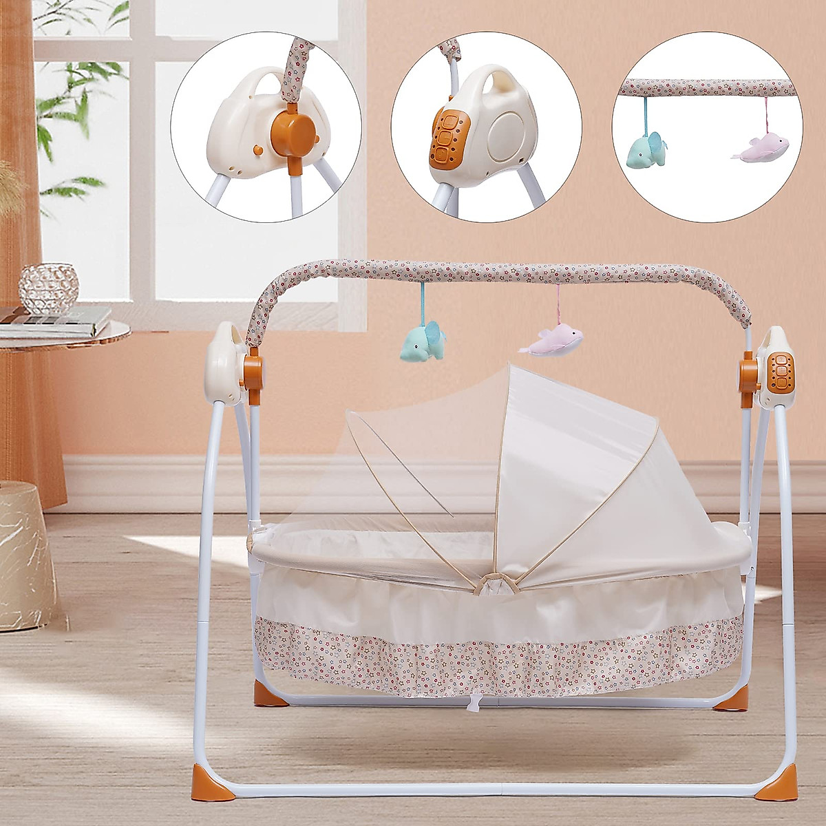 LOYALHEARTDY Baby Cradle Swing 5 Speed Electric Stand Crib Auto Rocking Chair Bed with Remote Control Infant Musical Sleeping Basket for 0-18 Months Newborn Babies, Mosquito Net+Mat+Pillow (Khaki)