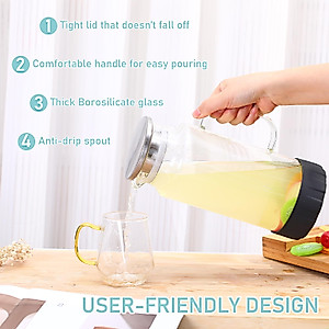 Hsei 2 Liters Glass Pitcher with Lid Water Pitcher for Fridge Water Carafe with Handle for Hot/cold Beverages Heat Resistant Glass Jug for Drink Juice Iced Tea Summer(68 oz,Black Coaster)