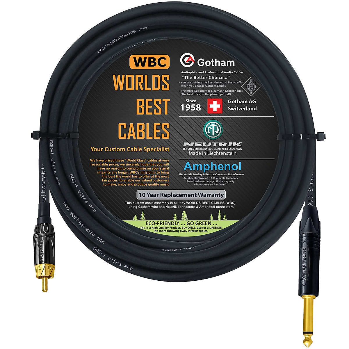 WORLDS BEST CABLES 40 Foot – TS to RCA Cable – Gotham GAC-1 Ultra Pro Low- Capacitance Instrument Cable & Neutrik NP2X-B & Amphenol ACPL-CBK Gold Plugs - CUSTOM MADE