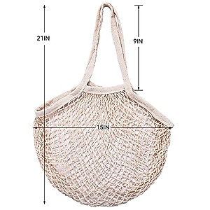 Eslazoer [2 pack completely Cotton string storage shopping bags, Ecology Reusable and washable mesh grocery bag, Portable long handle net tote beige