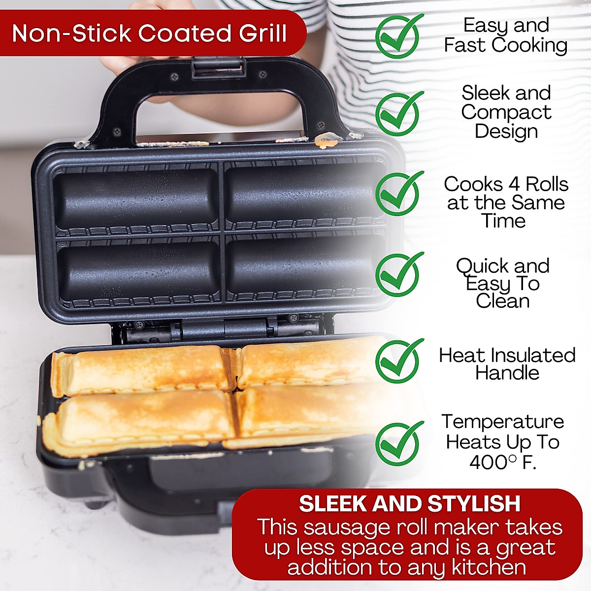 Lumme Sausage Roll Maker, Snack Maker, Delicious Pizza Pockets, Hot Dogs in Blanket, Hot Apple Pie, Chocolate Roll, Sausage Rolls, Fits 4, Non-stick, Make Quick, and savory meals Black