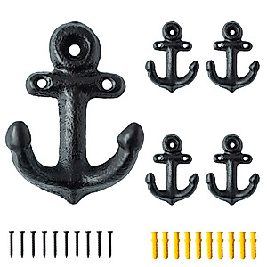 SMKOLIN 5 Pcs Cast Iron Anchor Hooks 3'' Decorative Wall Hooks Vintage Coat Hooks Antique Black