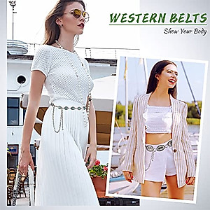 Junkin 2 Pcs Women Concho Western Chain Belts Turquoise Chain Belts Antique Western Waist Belts Metal Belt