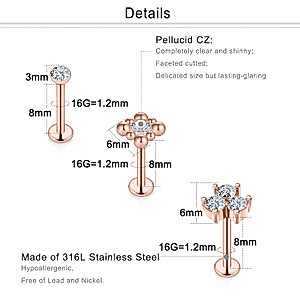 Dyknasz 16G Tragus Piecing Jewelry Flat Back Earrings for Women Surgical Stainless Steel Medusa Labret Monroe Lip Ring Studs Cartilage Helix Conch Earring Stud Rose Gold