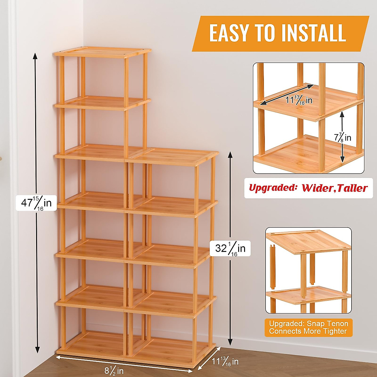 MHXW SXPN Bamboo Free Standing Shoe Rack Shelf, 7 Tier Tall Wooden Stackable Shoes Rack Organizer for Closet, Front Door Entrance, Narrow Vertical Shoe Storage Rack for Entryway (Nature, 12-Tier)