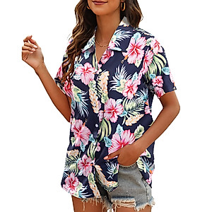 MYHALF Women Hawaiian Shirt Soft Cool Summer Hawaii Shirts Floral Tropic Print V Neck T-Shirt Short Sleeve Button Up Tops