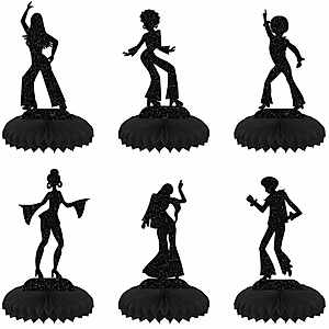 6 PCS 70's Disco Party Decorations 70s Disco Dancing Honeycomb Table Centerpiece Black Glitter 80's Disco Dancer Table Toppers Honeycomb Centerpieces for Music Disco Theme Birthday Party Supplies