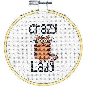Dimensions Mini Counted Cross Stitch Kit for Beginners, 'Crazy Cat Lady', 14 Count White Aida Cloth, 4''