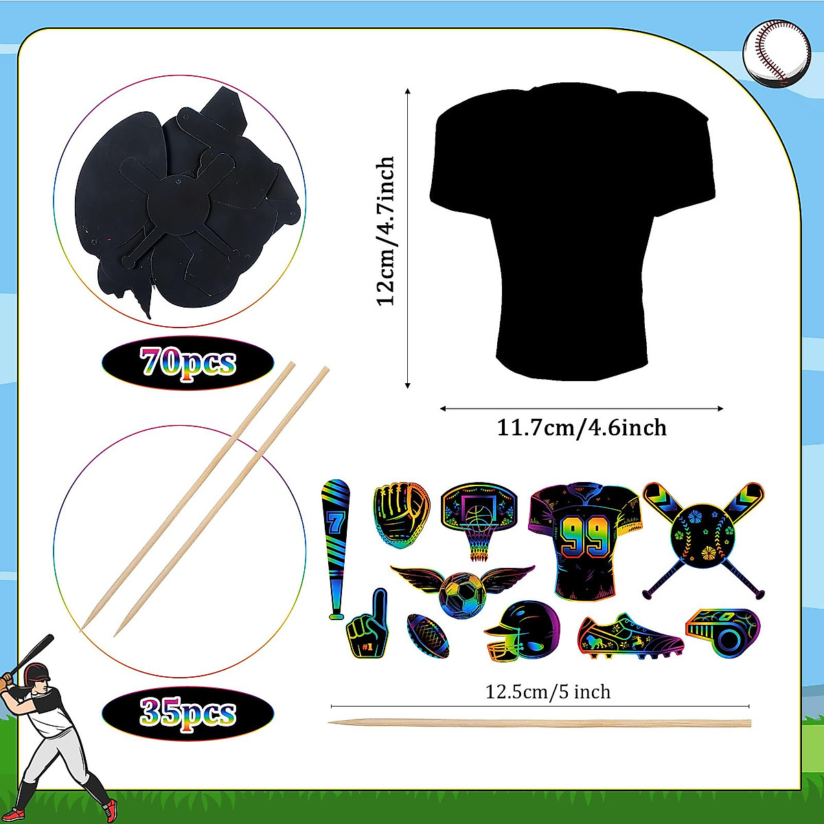 Qilery 70 Pcs Sports Scratch off Papers Scratch Paper Sets with 35 Pcs Wooden Stylus, Sports Ball Rainbow Paper Scratch Pad for Kids, DIY Arts and Crafts Supplies for Football Party Project Decoration