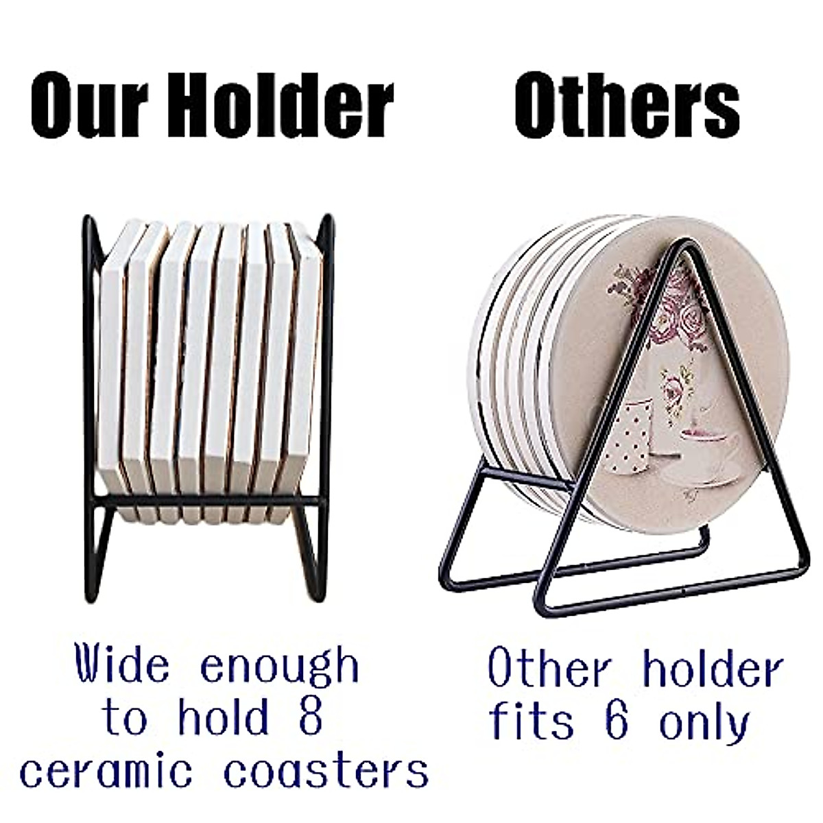 ENKORE Coaster Holder Extra Wide Triangle Design - Black Metal Rack Hold 4 to 8 Pieces Upright Standing for Better Display and Storage or Handle - Fit Round or Square Drink Mats, Sold Without Coasters