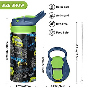 Monster Truck Car Kids BPA Free Water Bottle 14 oz Insulated Stainless Steel Toddler Flask with Leak Proof Lid Double Walled Kids Water Cup for Kids - Green