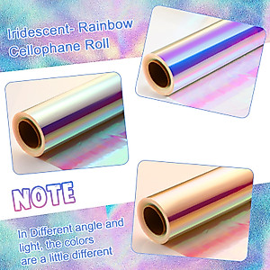Seajan 32 in x 200 ft Iridescent Cellophane Wrap Roll, Rainbow Wrapping Paper Holographic Cellophane Wrap for Baskets Fairy Wings Flower Bouquet DIY Treats Christmas Gifts Wrapping(Iridescent)