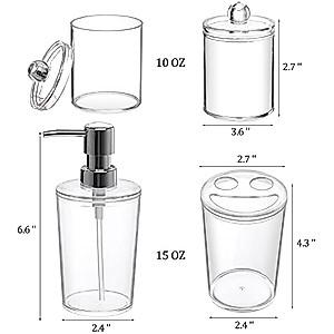 Plastic Clear Bathroom Accessories Set Complete 4 Pcs - Soap Dispenser, 2 Qtip Holder Jars and Toothbrush Holder, Counter Decor