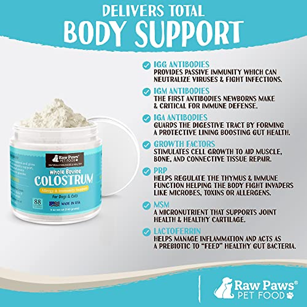 Raw Paws Pet Bovine Colostrum for Dogs Allergies & Immune Support, 5-oz - Made in USA, Pure Bovine Colostrum Powder for Cats - Bovine Colostrum Dogs Daily Supplement - Colostrum for Puppies & Kittens