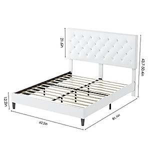 Keyluv Upholstered Platform Bed Frame with Button Tufted Headboard, Faux Leather, Wooden Slats Support, No Box Spring Needed, Easy Assembly, Queen Size, White