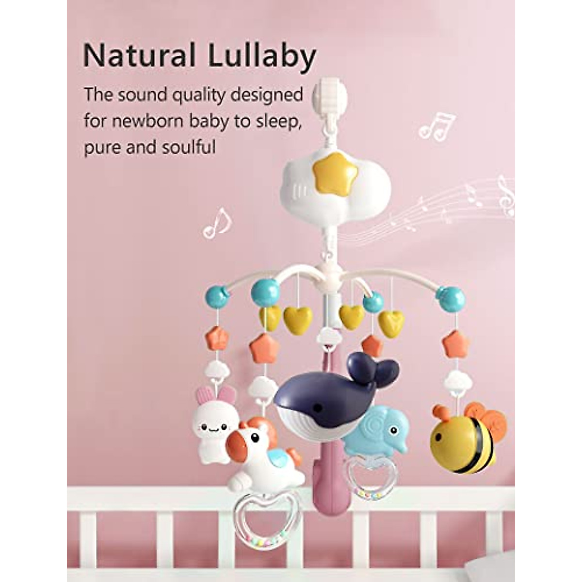 BSROLUNA Baby Crib Mobile with Music and Lights, Baby Mobile for Crib with Animals Projection, Hanging Rotating Animals Rattles, 19 Songs and lullabies, Cartoon Baby Crib Toys for Girls (Baby Pink)