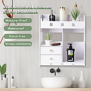 Bathroom Wall Cabinet with 2 Drawers Open Bathroom Organizer Over the Toilet Storage, Hollow Flower Carved Design, Wall Mounted Medicine Cabinet Cosmetic Organizer for Bathroom, Room, Laundry White