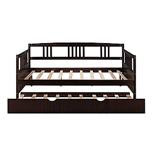 ERDAYE Full Size Daybed Wood Bed with Twin Size Trundle Bed, Espresso
