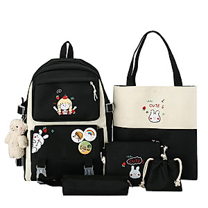 5Pcs Cute Backpack Set Kawaii School Bags Supplies Laptop Bookbag Aesthetic Ita Bag Back to School Stationary Accessories (Black)