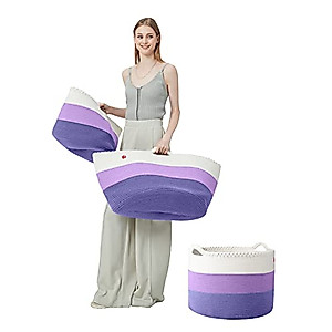 MeloMin XXXL (102L) 100% Cotton Rope Woven Laundry Basket (6 Colors) - 23” x15” - Home Storage Hamper Bin for Blankets, Comforters, Towels, and Toys (Purple)