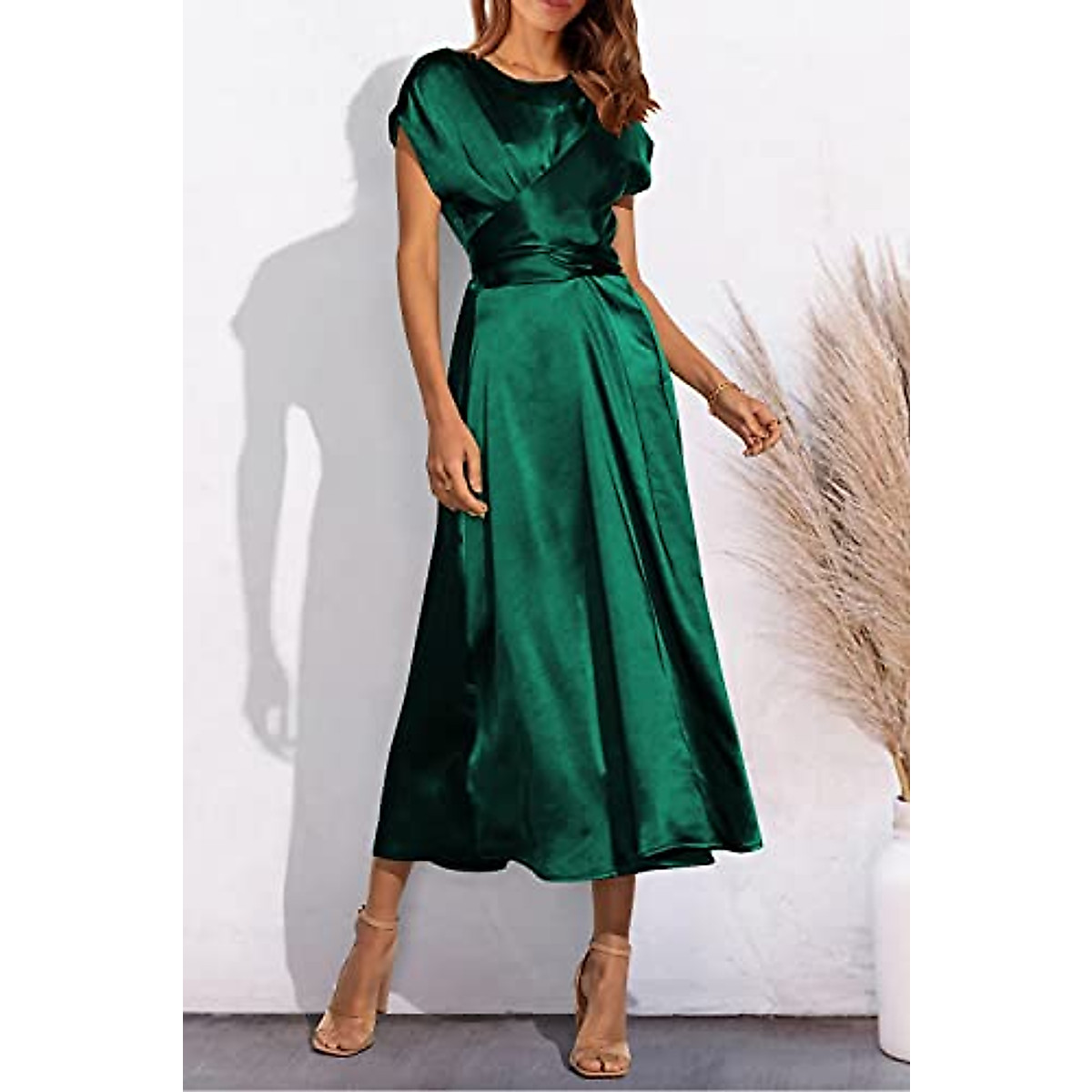 PRETTYGARDEN Women's 2023 Summer Satin Midi Dress Cap Sleeve Tie Waist Elegant A-Line Flowy Dresses (Dark Green,Large)