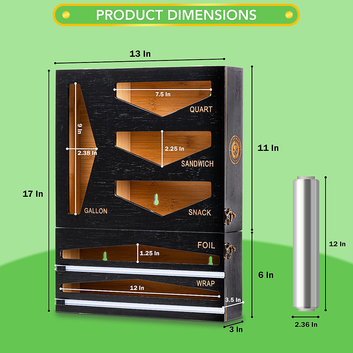 Ziplock Storage Organizer 6in1 Foil and Plastic Wrap Dispenser with Cutter Ziplock Bamboo Bag Storage Organizer for Kitchen Drawer Ziplock Organizer Suitable for Gallon, Quart, Sandwich, Snack