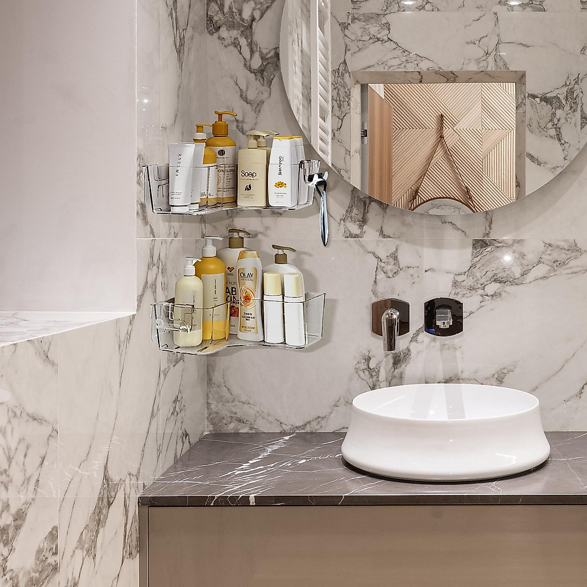 YEUIKERR 2 Pack Corner Shower Caddy Shelf Acrylic Clear Bathroom Corner Shower Organizer with Hook, Adhesive Wall Mounted Plastic Corner Shower Shelves for Bathtub, Dorm, Kitchen, No Drilling