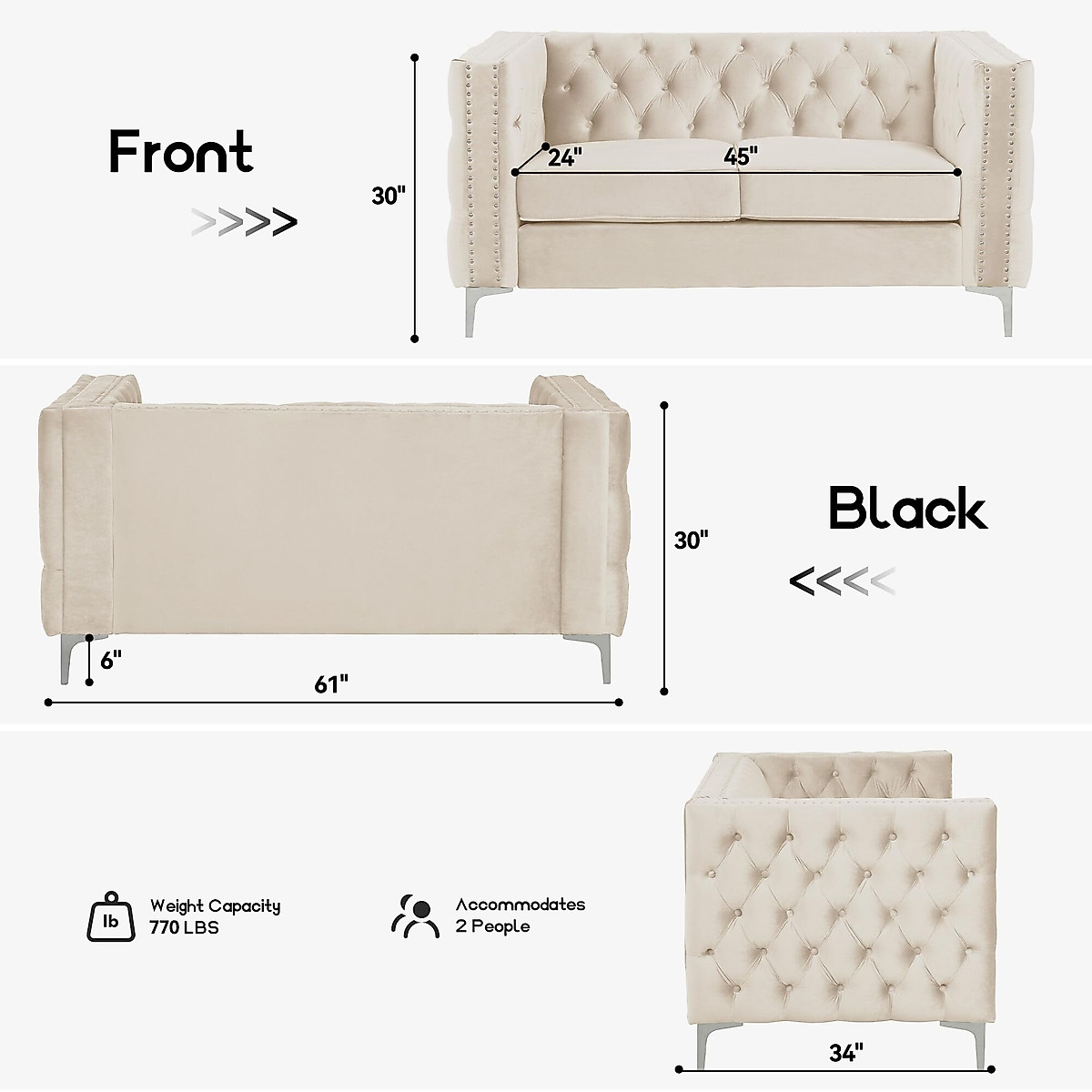 Morden Fort Loveseat Sofa, 61“Beige Mid-Century Couch with Button Tufted and Nailhead Trim and Iron Legs for Living Room, Apartroom, Bedroom, Office
