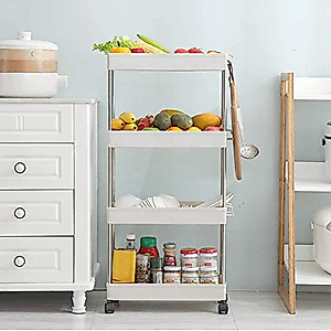 Modern Home 4 Tier Narrow Sliding Storage Organizer Rack - Laundry/Bathroom/Kitchen Rolling Cart (White)