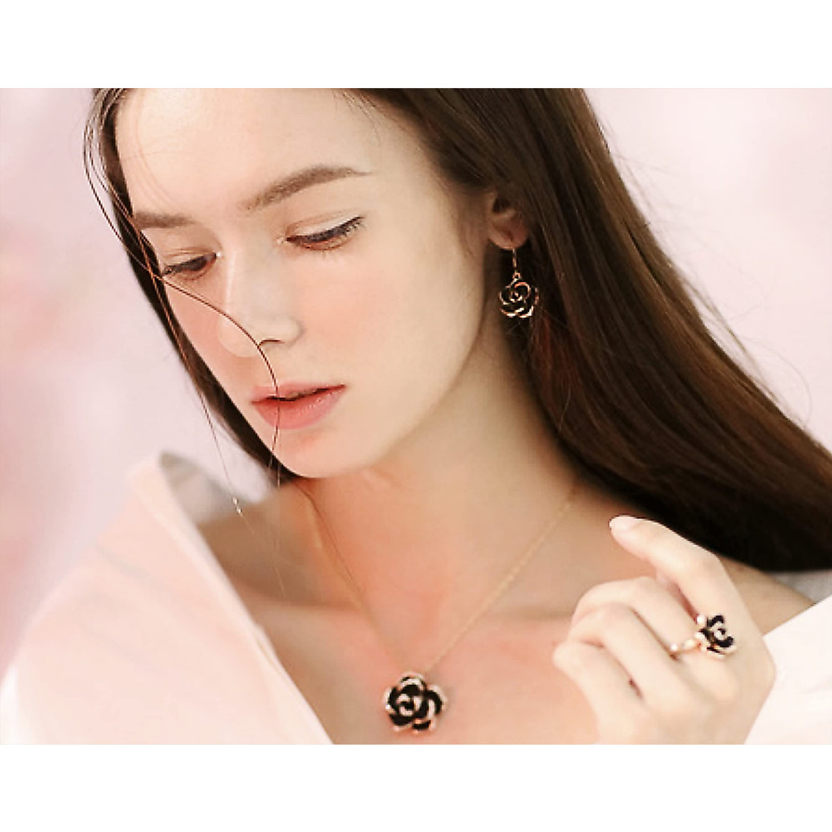 Rose Gold Plated Black Rose Flower Dangle Drop Earrings Fashion Jewelry for Women
