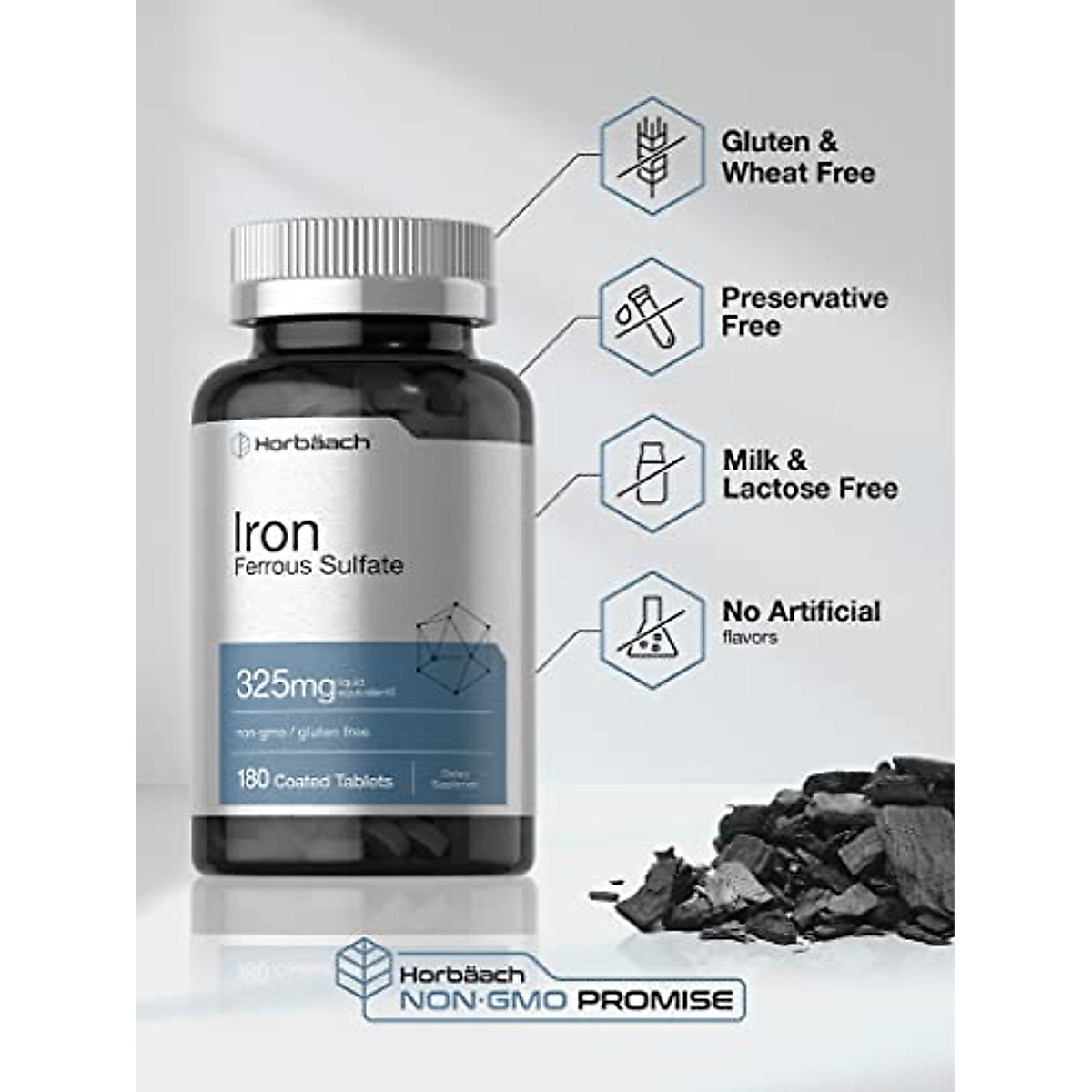 Iron Ferrous Sulfate | 325mg | 180 Count | Vegetarian, Non-GMO & Gluten Free Dietary Supplement | by Horbaach