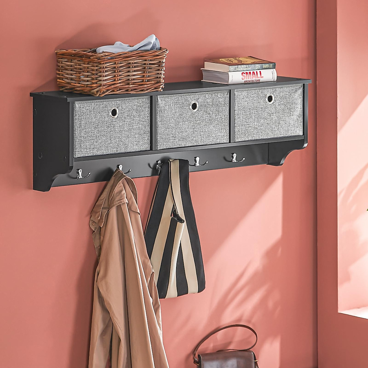 Haotian Wall Shelf with Hooks, Coat Rack Wall Mount with Shelf Entrywall Storage Cabinet Unit with 3 Baskets 5 Hooks, Black, FRG282-SCH