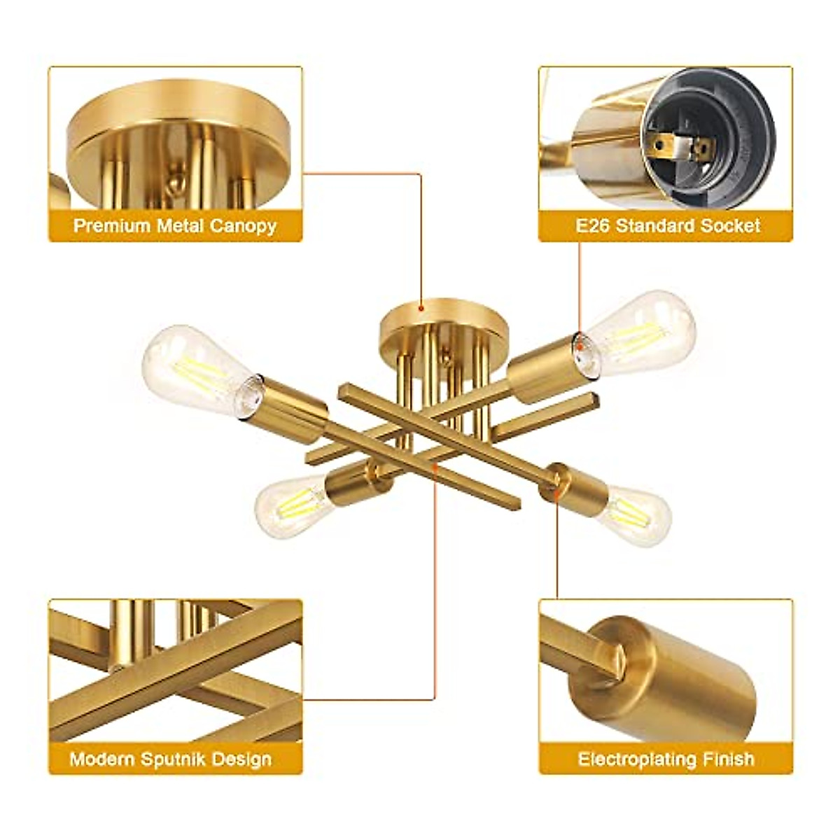 Tickjoy Modern 4 Light Semi Flush Mount Ceiling Light Fixture, Industrial Sputnik Chandelier Ceiling Lamp, Gold Farmhouse Lighting for Bedroom Kitchen Dining Room Living Room Hallway