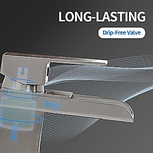 BWE Waterfall Bathroom Faucet Brushed Nickel with Pop Up Drain Stopper Assembly and Supply Line Single Handle for Sink One Hole Faucets Vanity Lavatory Mixer Tap