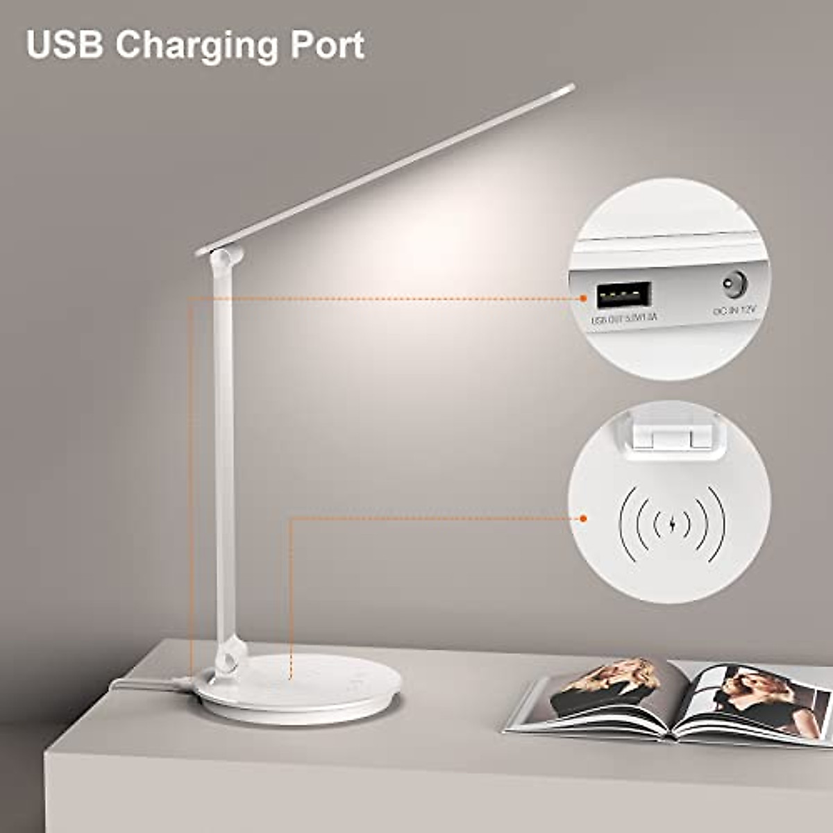 Vansuny LED Desk Lamp with Wireless Charger USB Charging Port Touch Control Dimmable Office Lamp 1h Timer 5 Color Modes 6 Brightness Levels Eye-Caring Table Lamp for Home Office Bedroom White