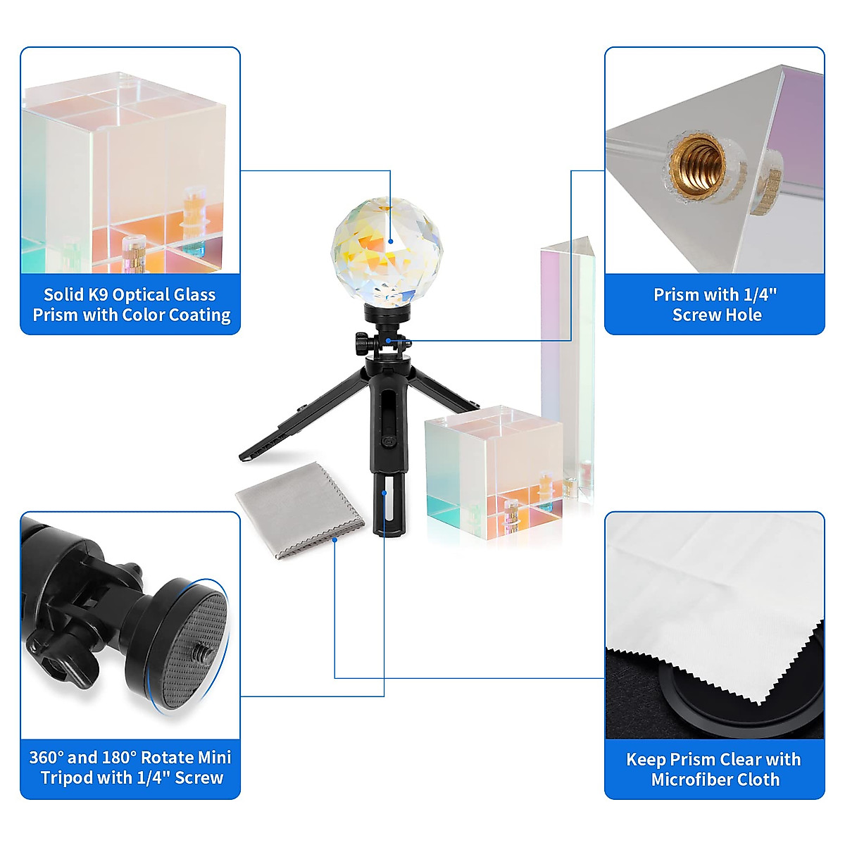 Meking 3Pcs Photography Crystal Prism with Mini Tripod, Camera Lens Optical Crystal Ball Glass, Cube and Pyramid Prism for Rainbow Effect Make Teaching Light Spectrum Physics