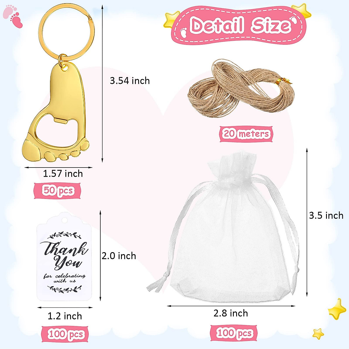 Laumoi 50 Pieces Baby Footprint Keychain Bottle Opener Baby Shower Party Favors Baby Shower Footprint Bottle Opener Supplies with Organza Bags and Thank Tags for Baby Party Souvenirs Gifts(Gold)