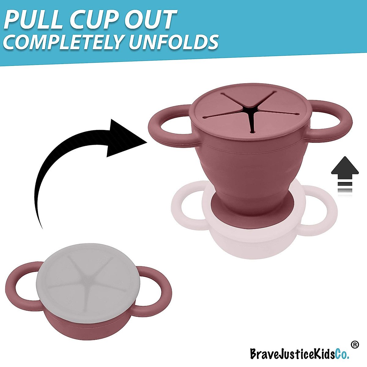 BraveJusticeKidsCo | Snack Attack II Snack Cup | Collapsible Silicone Snack Container | Toddler and Baby Snack Catcher Lid (Dusty Rose)