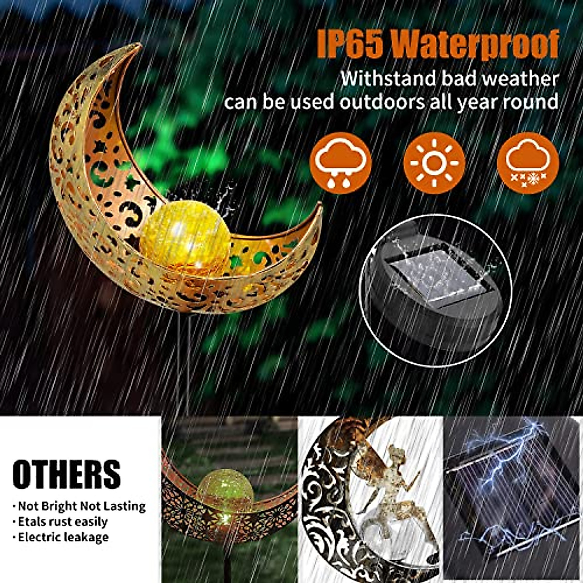 Solar Garden Lights Outdoor Decor – Moon Garden Decor for Outside, Cracked Glass Globe, Retro Stake Metal Lights, Zen Garden Art for Pathway/Lawn/Yard/Patio Decorations (1 in Box) (2 in Box)