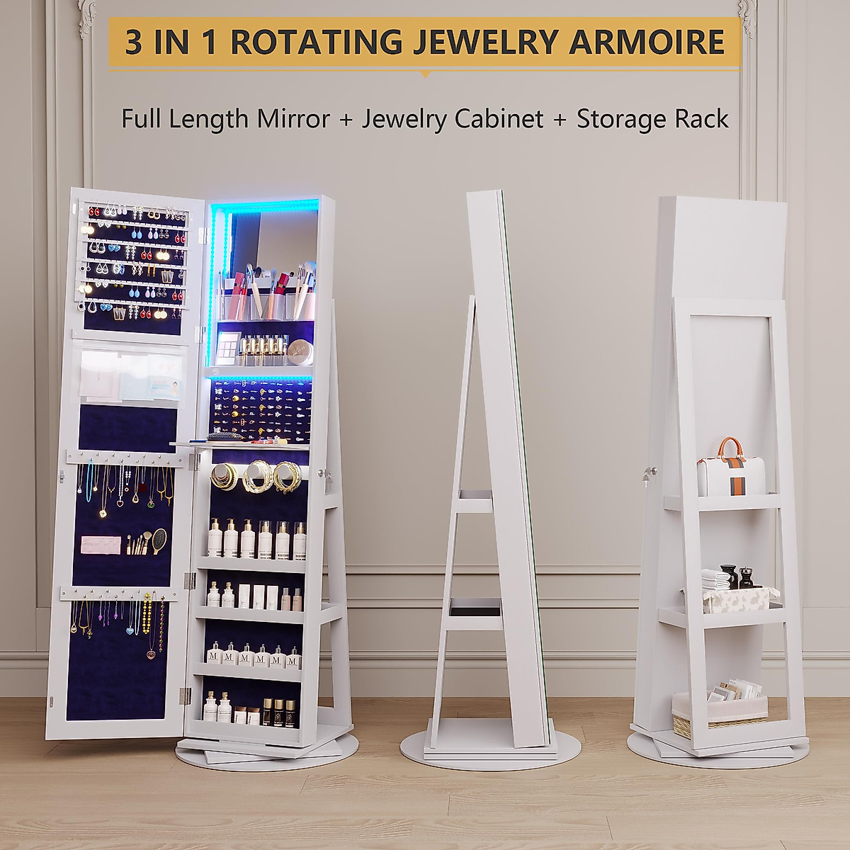 Vlsrka LED Jewelry Armoire with Full Length Mirror 360° Rotating, Jewelry Cabinet Large Standing Lockable Mirror Jewelry Organizer with Inner Makeup Mirror & Soft Velvet for Living Room Bedroom