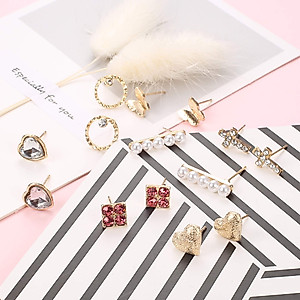 Thunaraz 90Pairs Assorted Multiple Small Stud Earrings Sets for Women Multipack Simple Cute Bar Star Moon Triangle Geometric Arrow Flower Bow CZ Ball Faux Pearl Earrings Set