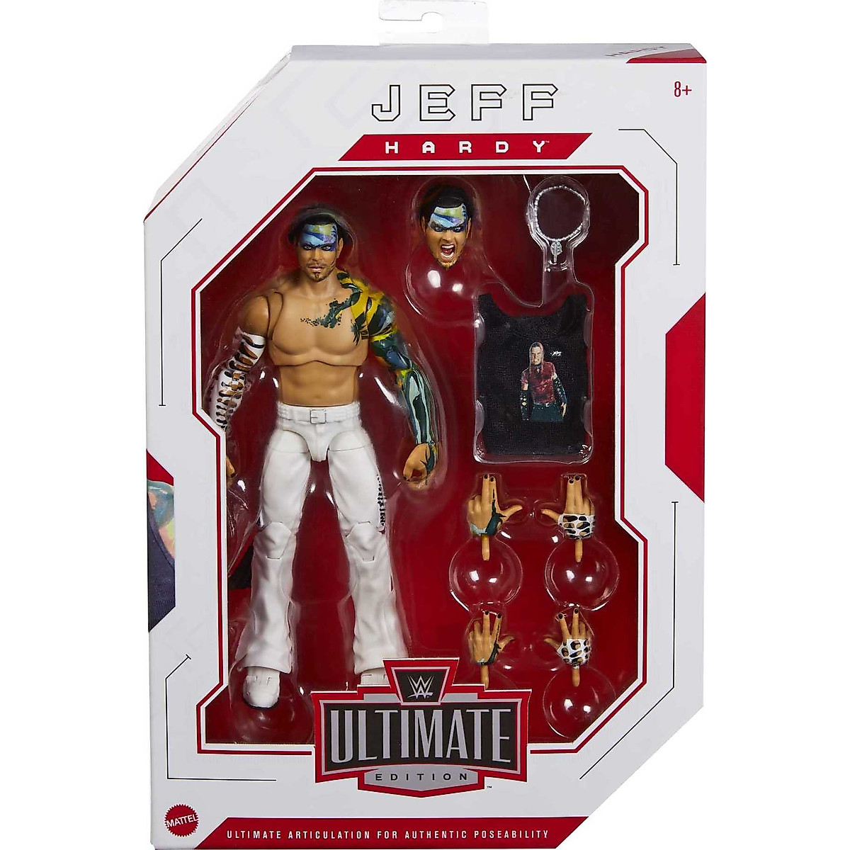 Mattel WWE Ultimate Edition Action Figure & Accessories Set, Jeff Hardy 6-inch Collectible with 30 Articulation Points, Swappable Pieces & Entrance Gear