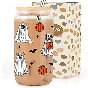 Coolife Funny Halloween Dog Ghost Cup, Cute Pumpkin Dog Iced Coffee Cup, 16oz Spooky Dog Tumbler Halloween Glass Cups w/Lids Straws, Boo Basket Stuffers, Halloween Gifts for Dog Lover, Dog Mom, Women