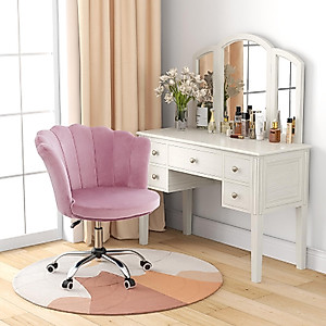 Giantex Velvet Home Office Chair, Modern Cute Shell Back Upholstered Desk Chair with Wheels, Adjustable Swivel Task Chair, Comfy Vanity Chair for Girls Women Bedroom, Pink