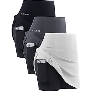 NELEUS Women's 2 in 1 Tennis Skirts with Pockets High Waisted Athletic Running Shorts Golf Skirt,Black/Grey/White,3 Pack,3X-Large