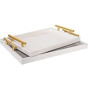 JUMBO HUMBLE Modern Elegant Large Wood Serving Tray, Set of 2 Pearl White Crocodile Leather with Gold Polished Metal Handles, Rectangle Decorative Tray Ottoman Tray Coffee Table Tray for Living Room