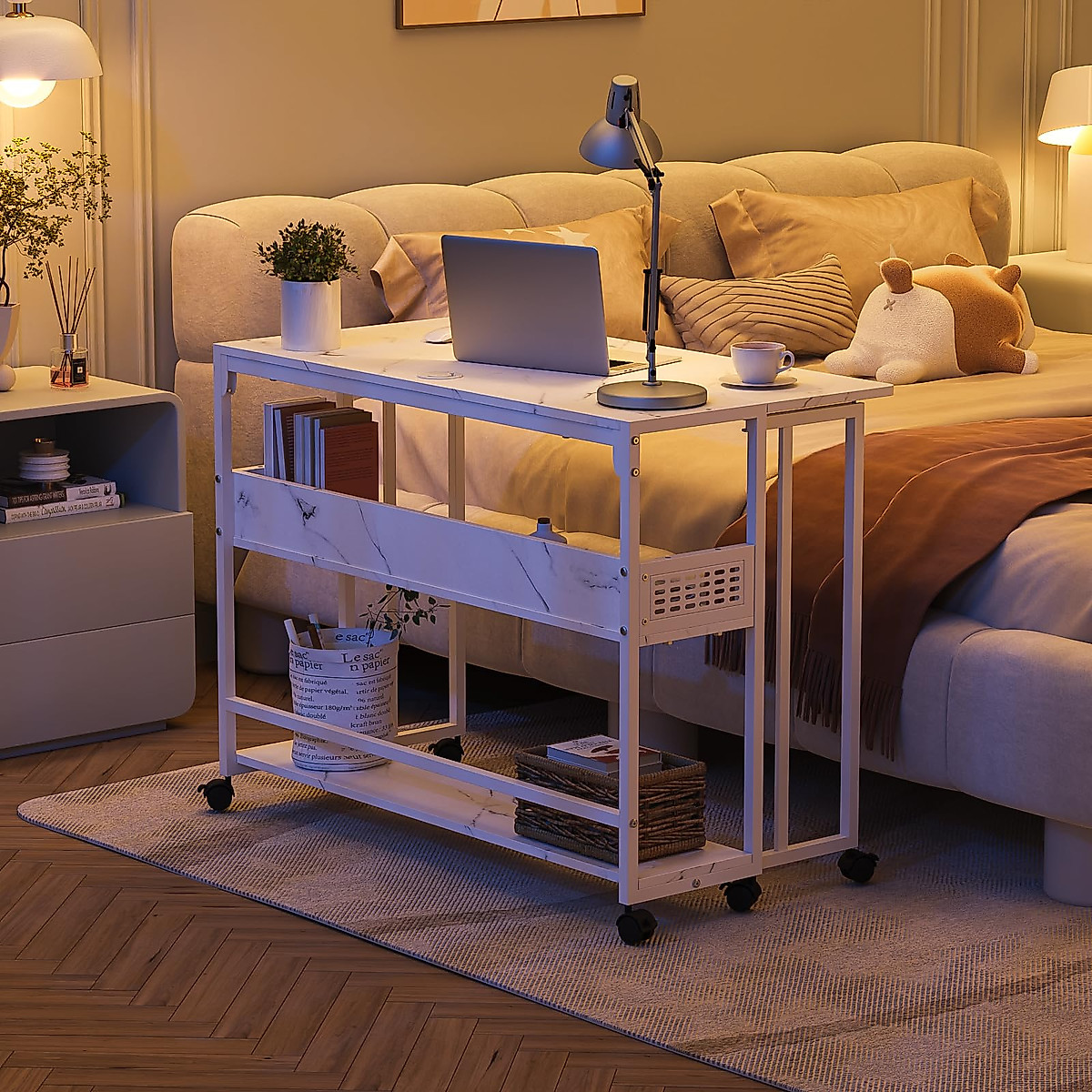 Gezen Folding Desk with Double Storage Shelves, Small Rolling Desk with Wheels for Living Room Bedroom, Mobile Computer Desk Portable Laptop PC Desk Writing Table for Small Space, 31.5", White Marble