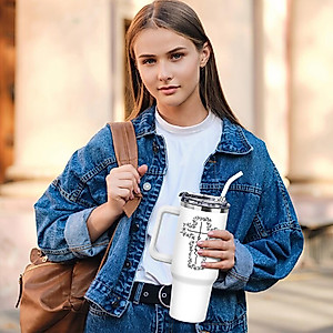 BMYDIY Personalized 40 Oz Christian Tumbler, Inspirational Spiritual Jesus Faith Religiou Gifts for Women, Custom Extra Large Stainless Steel Insulated Cup/Coffee Mug/Travel Mug with Name Birth Flower