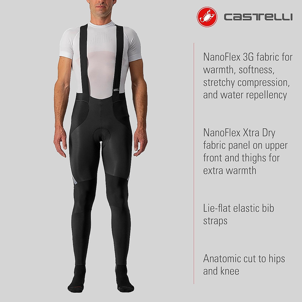Castelli Men's Sorpasso ROS Bibtight for Road and Gravel Biking I Cycling - Black/Silver Reflex - Large