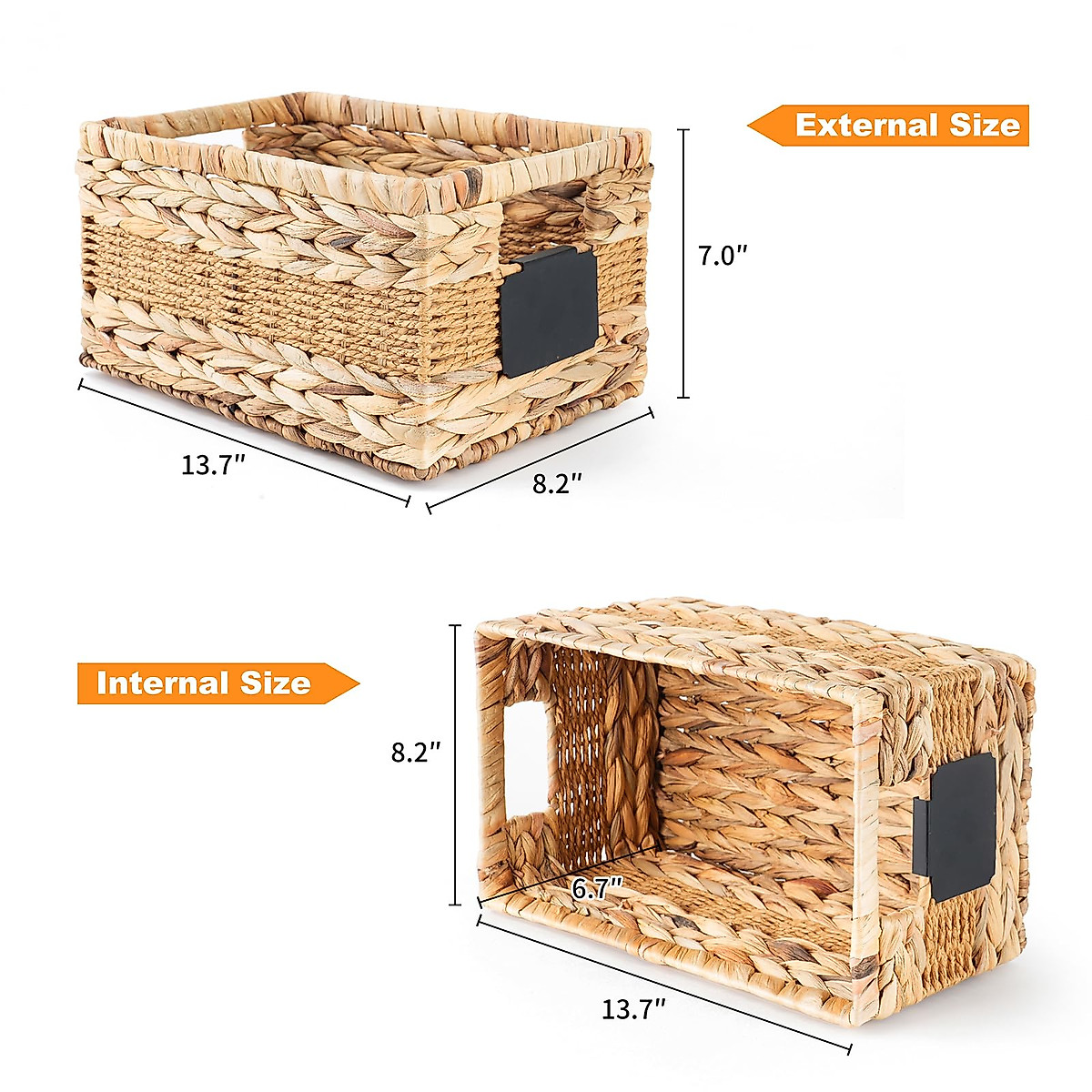 BLEJOY Wicker Storage Basket, Natural Water Hyacinth Baskets for Organizing, Decorative Storage Basket for Shelves with Built-in Handle, Handwoven Wicker Baskets with Letter Plate, 1-Pack